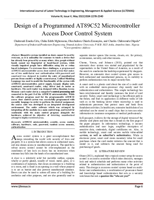 (PDF) Design of a Programmed AT89C52 Microcontroller Access Door Control System