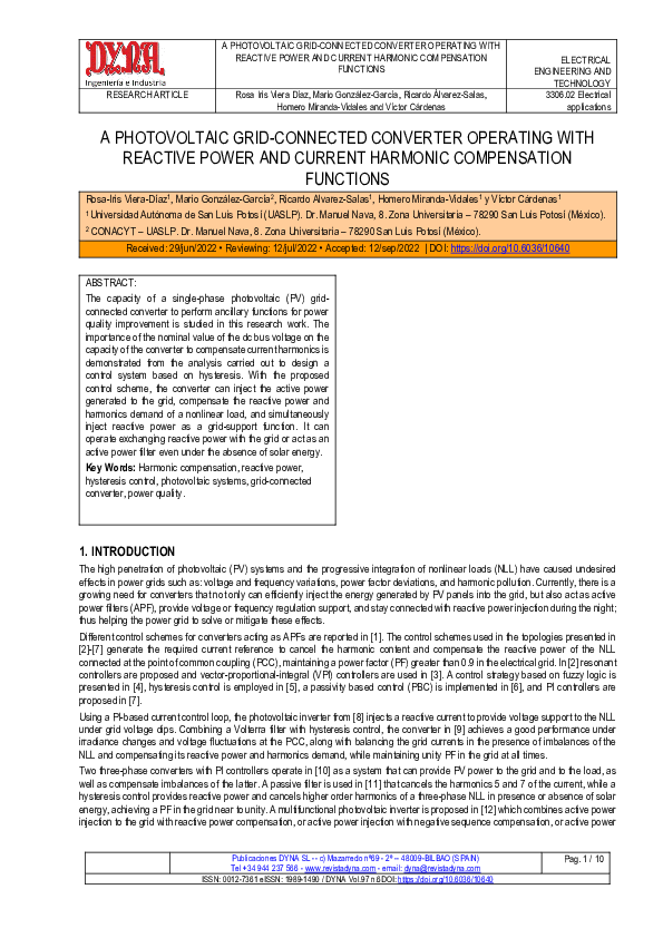 (PDF) A Photovoltaic Grid-Connected Converter Operating with Reactive Power and Current Harmonic ...