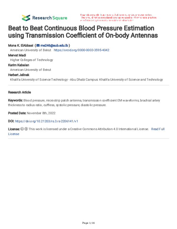 (PDF) Beat to Beat Continuous Blood Pressure Estimation using Transmission Coefficient of On ...