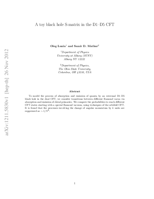 (PDF) A toy black hole S-matrix in the D1-D5 CFT