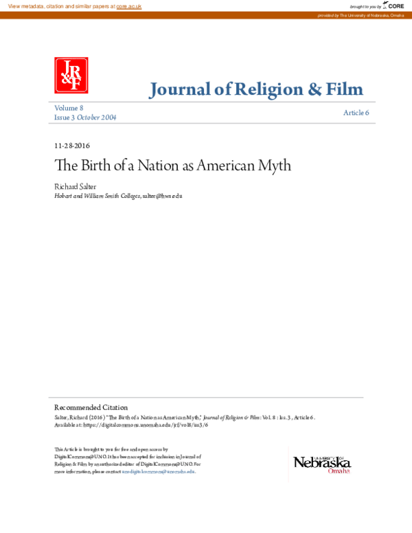 (PDF) The Birth of a Nation as American Myth