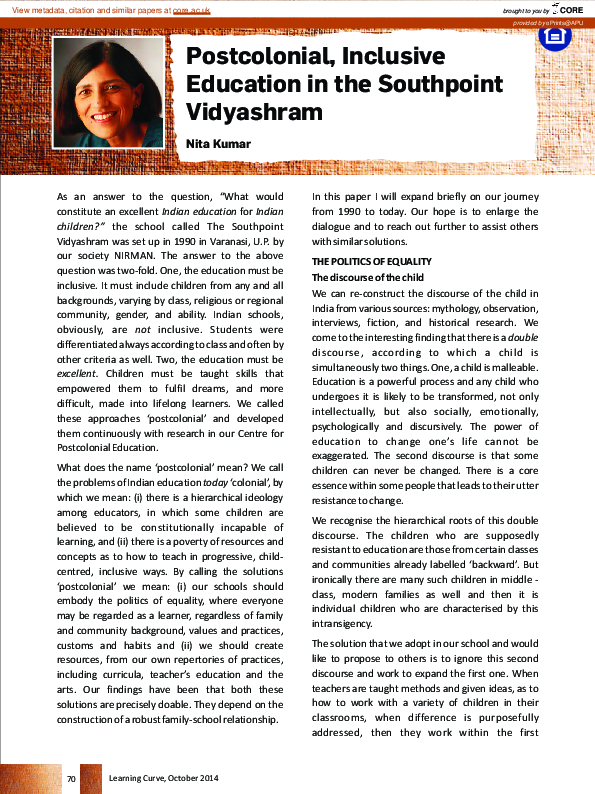 (PDF) Postcolonial, inclusive education in the southpoint vidyashram ...