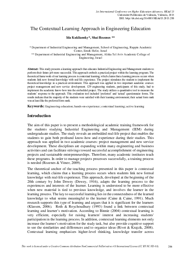 (PDF) The Contextual Learning Approach in Engineering Education