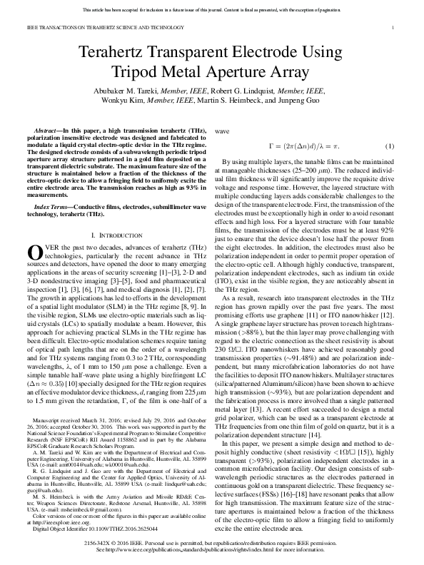 (PDF) Terahertz Transparent Electrode Using Tripod Metal Aperture Array