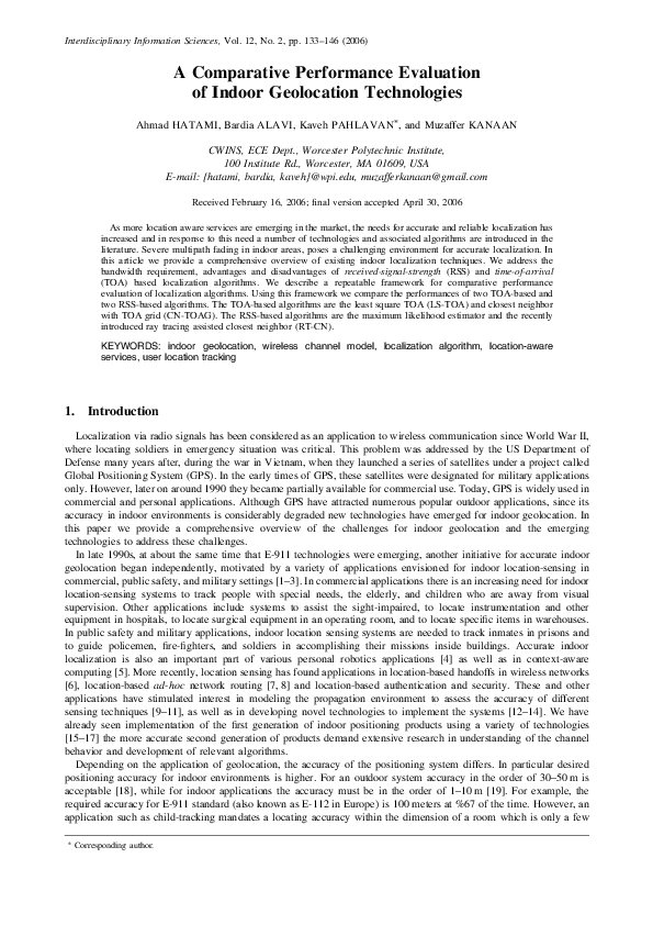 (PDF) A Comparative Performance Evaluation of Indoor Geolocation ... (PDF) A Comparative Performance Evaluation of Indoor Geolocation ...