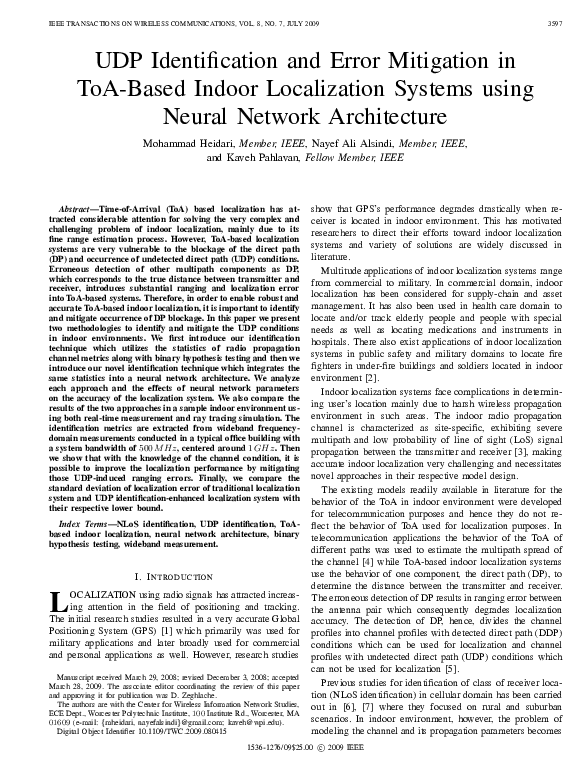 Pdf Udp Identification And Error Mitigation In Toa Based Indoor Localization Systems Using 
