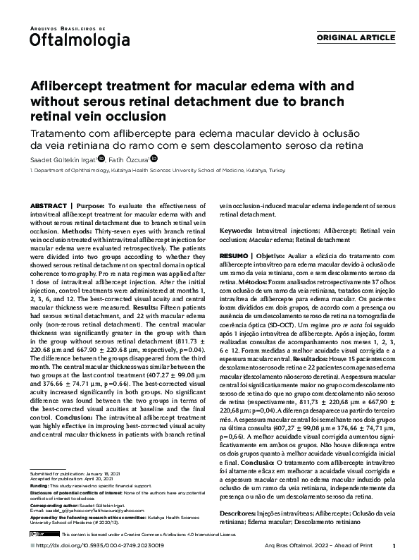(PDF) Aflibercept treatment for macular edema with and without serous retinal detachment due to ...