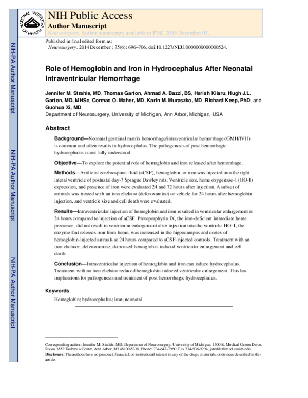 (PDF) Role of Hemoglobin and Iron in Hydrocephalus After Neonatal Intraventricular Hemorrhage