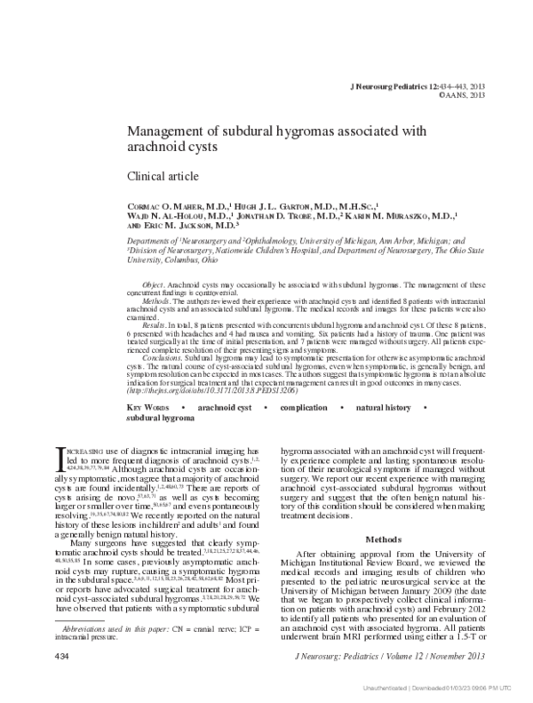 (PDF) Management of subdural hygromas associated with arachnoid cysts