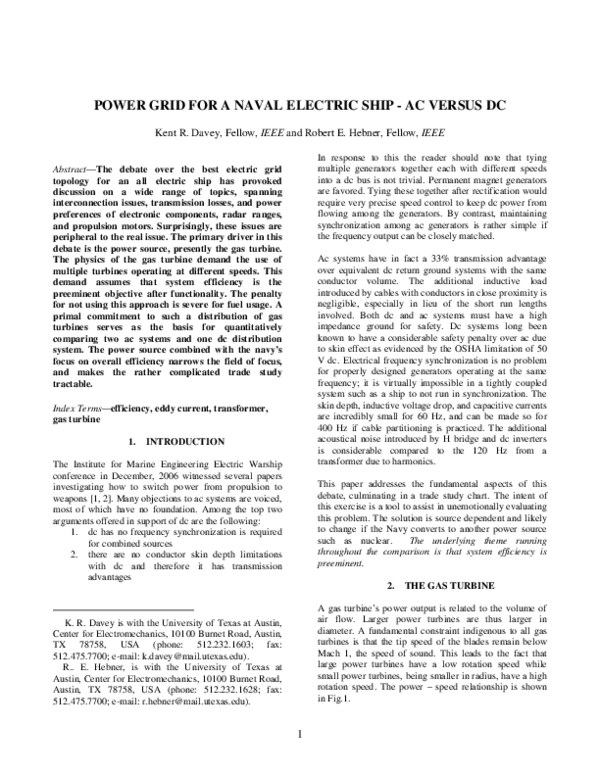 (PDF) Power Grid for a Naval Electric Ship - AC versus DC