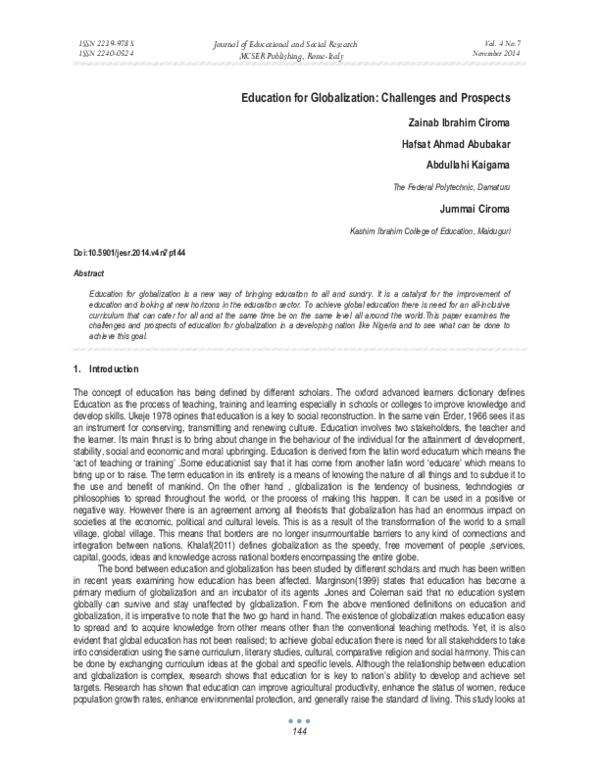(PDF) Education for Globalization: Challenges and Prospects