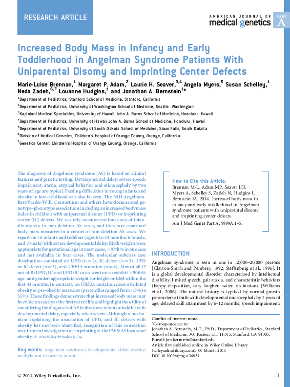 (PDF) Increased body mass in infancy and early toddlerhood in Angelman ...