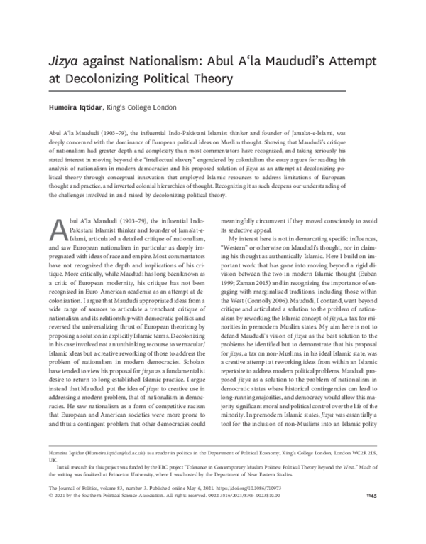 (PDF) Jizya against Nationalism: Abul A‘la Maududi’s Attempt at ...