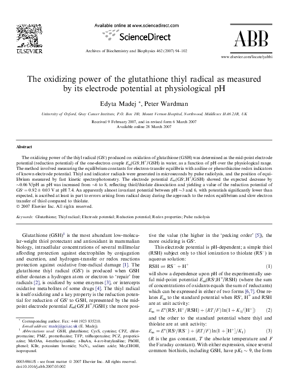 (PDF) The oxidizing power of the glutathione thiyl radical as measured ...