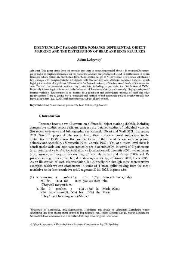 (PDF) Ledgeway, Adam, 2022. ‘Disentangling parameters: Romance ...