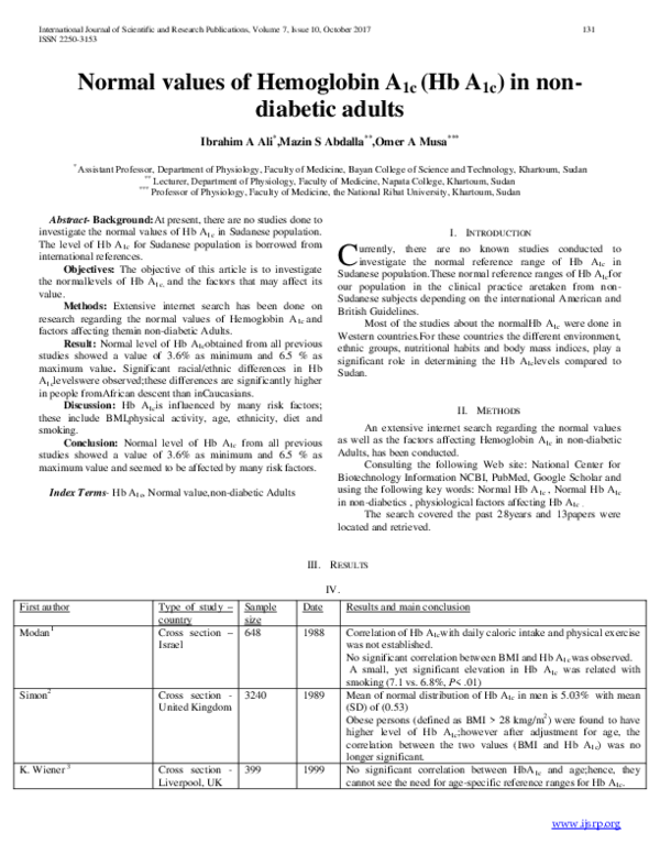(PDF) Normal values of Hemoglobin A1c (Hb A1c) in non-diabetic adults