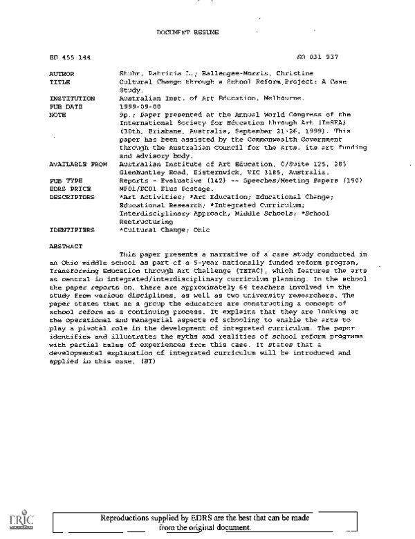 (PDF) Cultural Change through a School Reform Project: A Case Study