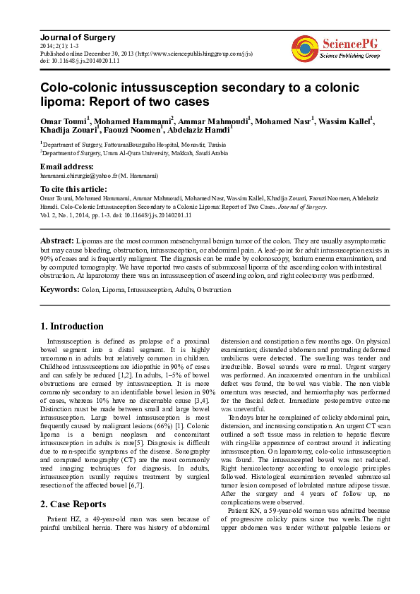 (PDF) Colo-Colonic Intussusception Secondary to a Colonic Lipoma ...