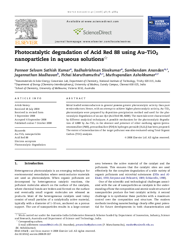 (PDF) Photocatalytic degradation of Acid Red 88 using Au–TiO2 nanoparticles in aqueous solutions