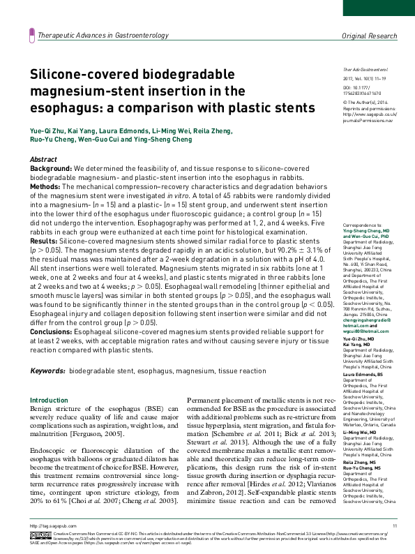 (PDF) Silicone-covered biodegradable magnesium-stent insertion in the ...