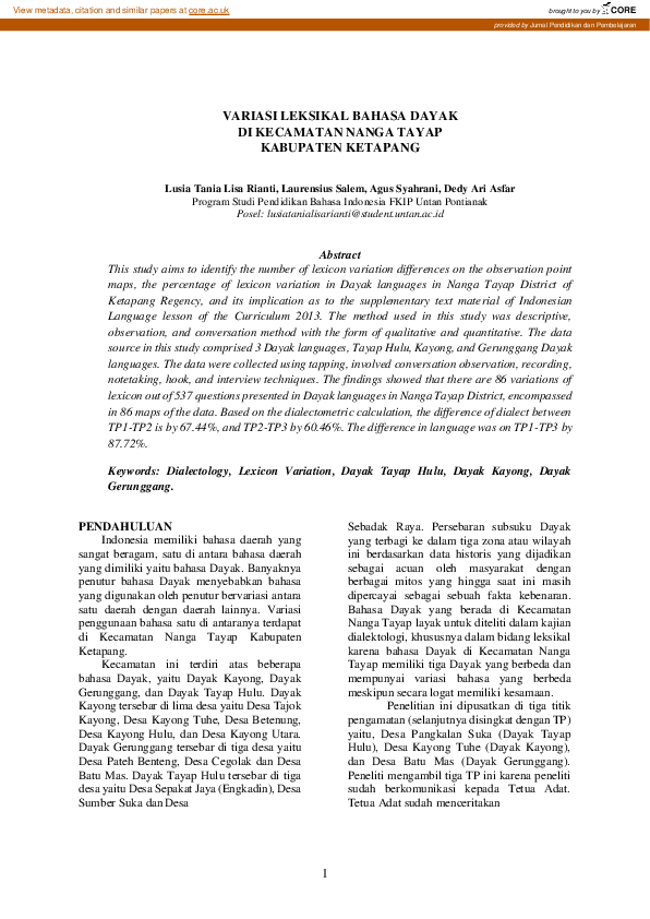 (PDF) Variasi Leksikal Bahasa Dayak DI Kecamatan Nanga Tayap Kabupaten ...