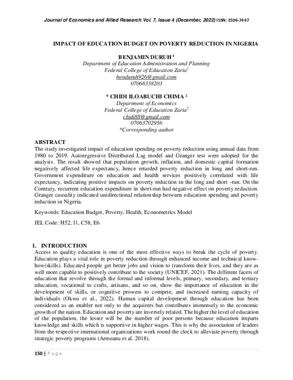 Pdf Impact Of Education Budget On Poverty Reduction In Nigeria