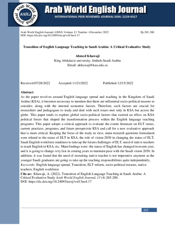 (PDF) Transition of English Language Teaching in Saudi Arabia: A ...