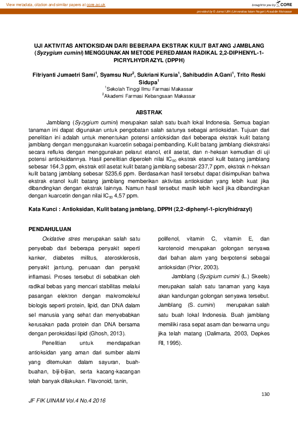 (PDF) UJI AKTIVITAS ANTIOKSIDAN DARI BEBERAPA EKSTRAK KULIT BATANG JAMBLANG (Syzygium Cumini ...