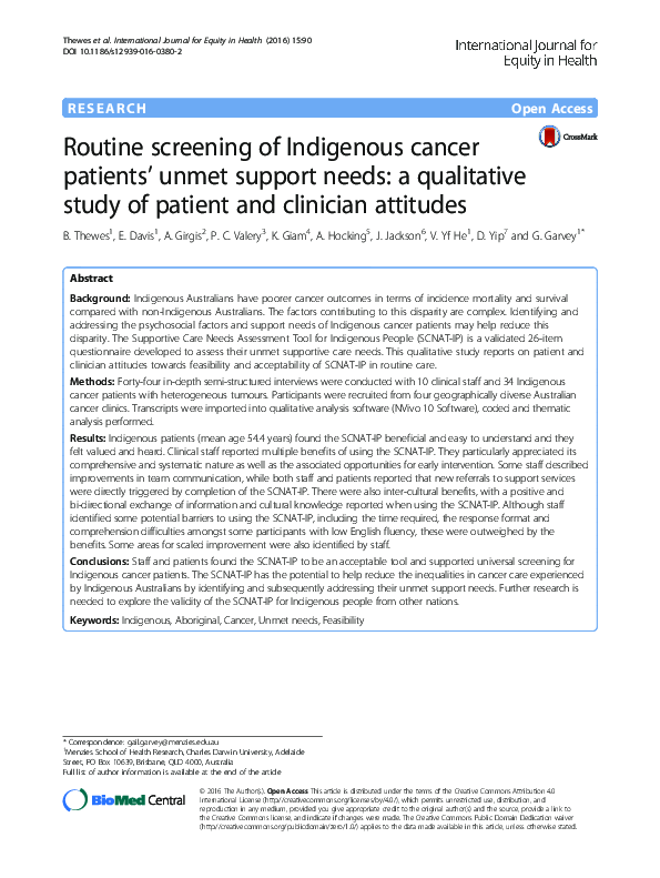 (PDF) Routine screening of Indigenous cancer patients' unmet support ...