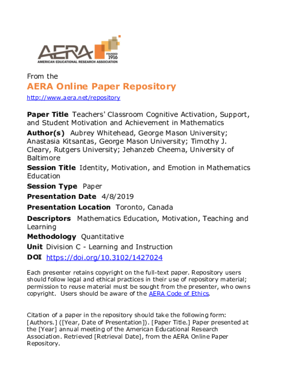 (PDF) Teachers' Classroom Cognitive Activation, Support, and Student ...