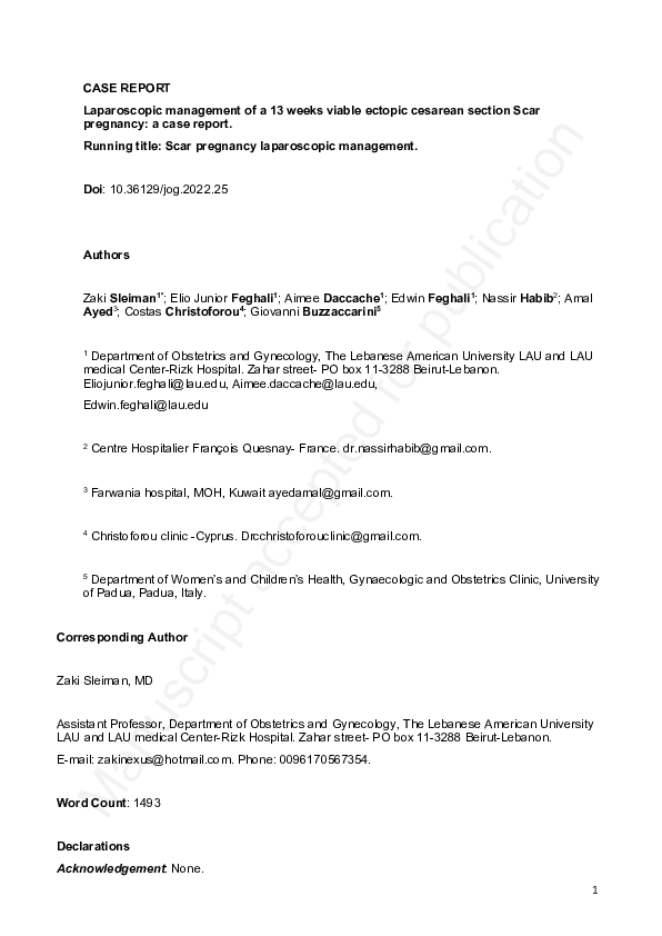 Pdf Laparoscopic Management Of A 13 Weeks Viable Ectopic Cesarean Section Scar Pregnancy A