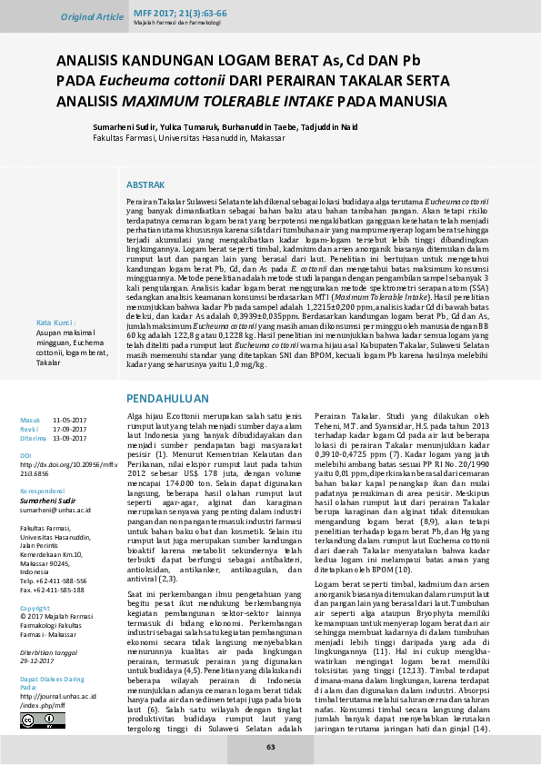 (PDF) ANALISIS KANDUNGAN LOGAM BERAT As, Cd DAN Pb PADA Eucheuma cottonii DARI PERAIRAN TAKALAR ...