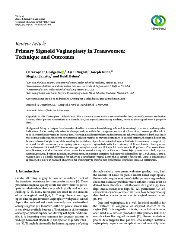 Pdf Primary Sigmoid Vaginoplasty In Transwomen Technique And Outcomes