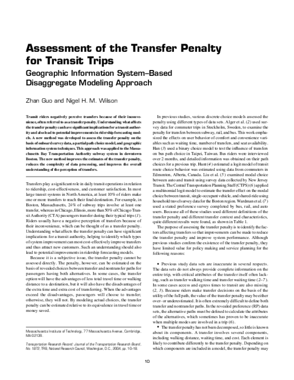 (PDF) Assessment of the Transfer Penalty for Transit Trips Geographic Information System-Based ...