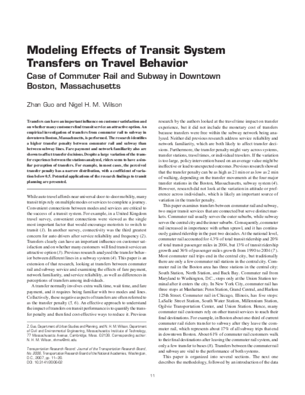 (PDF) Modeling Effects of Transit System Transfers on Travel Behavior