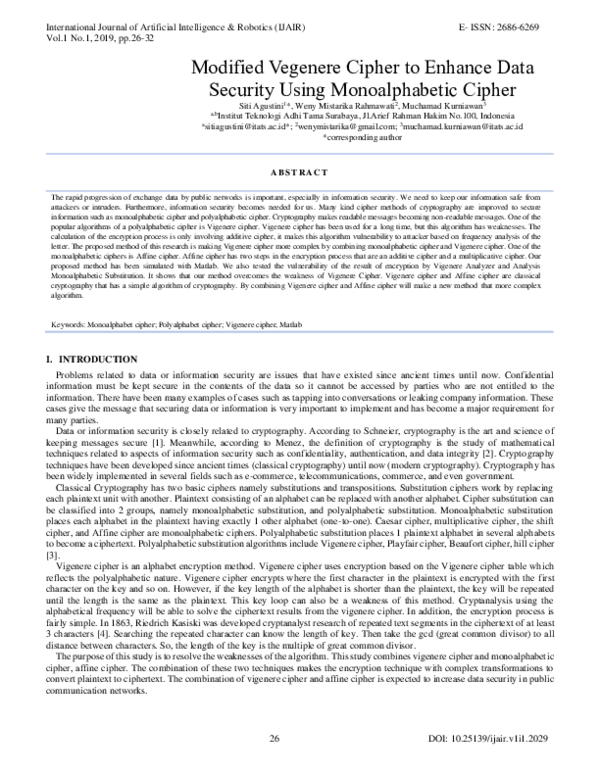 (PDF) Modified Vegenere Cipher to Enhance Data Security Using ...