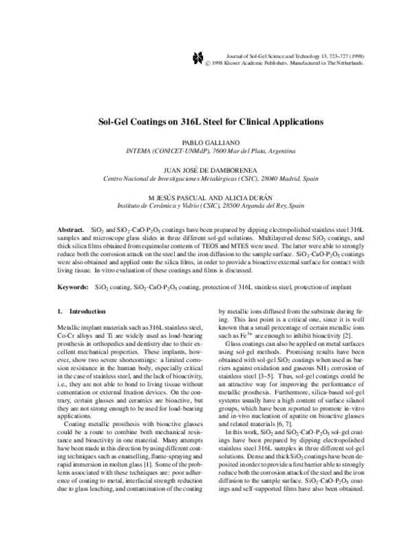 (PDF) Sol-Gel Coatings on 316L Steel for Clinical Applications