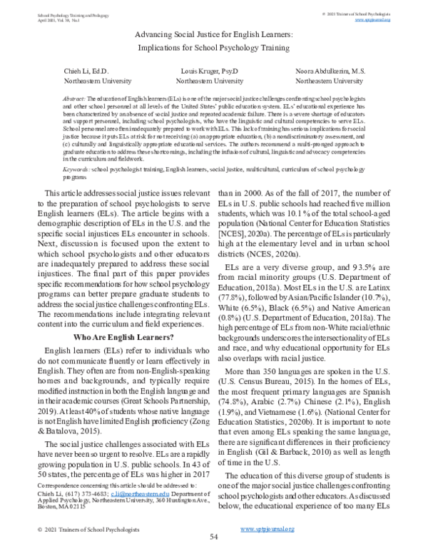 (PDF) Advancing Social Justice for English Learners: Implications for ...