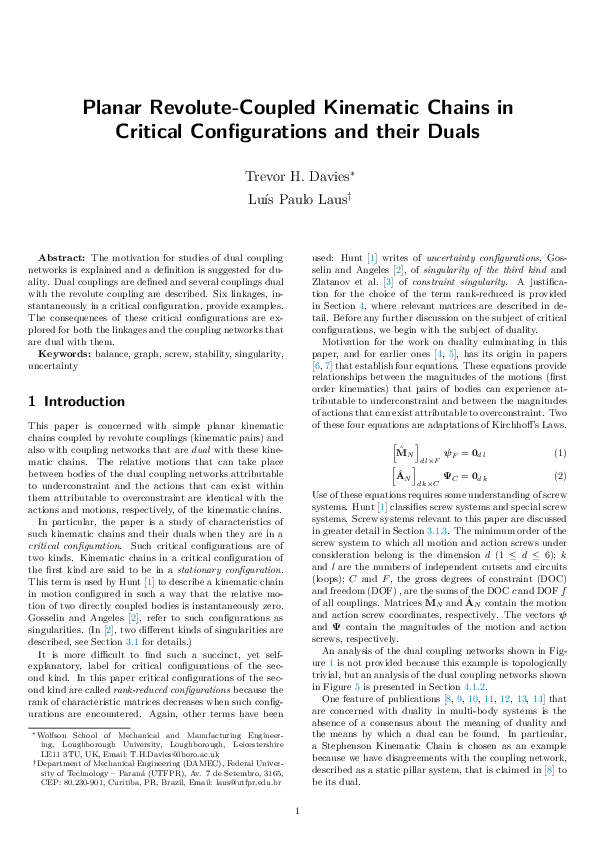 (PDF) Planar revolute-coupled kinematic chains in critical configurations and their duals