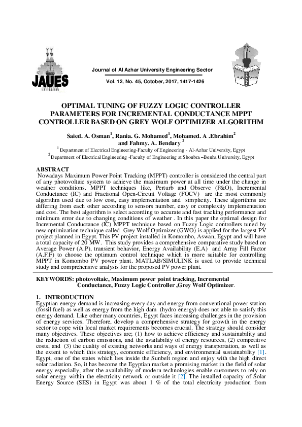 Pdf Optimal Tuning Of Fuzzy Logic Controller Parameters For Incremental Conductance Mppt