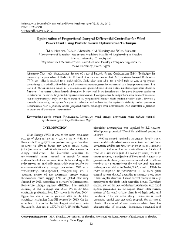 Pdf Optimization Of Proportional Integral Differential Controller For Wind Power Plant Using