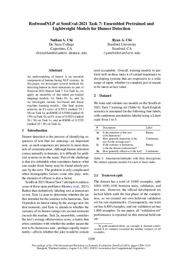 (PDF) RedwoodNLP at SemEval-2021 Task 7: Ensembled Pretrained and Lightweight Models for Humor ...