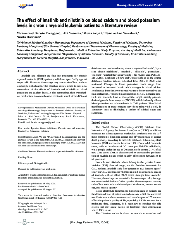 (PDF) The effect of imatinib and nilotinib on blood calcium and blood ...