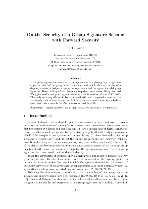 (PDF) On the Security of a Group Signature Scheme with Forward Security