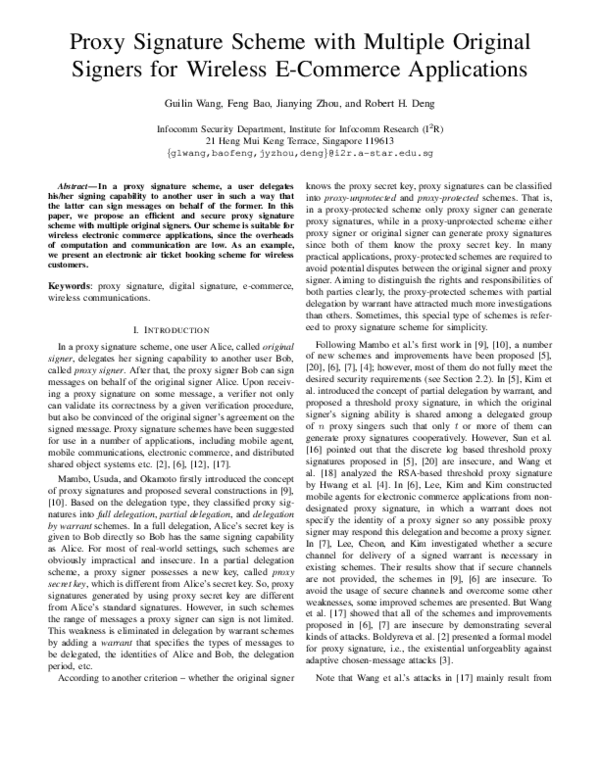 (PDF) Proxy signature scheme with multiple original signers for wireless e-commerce applications