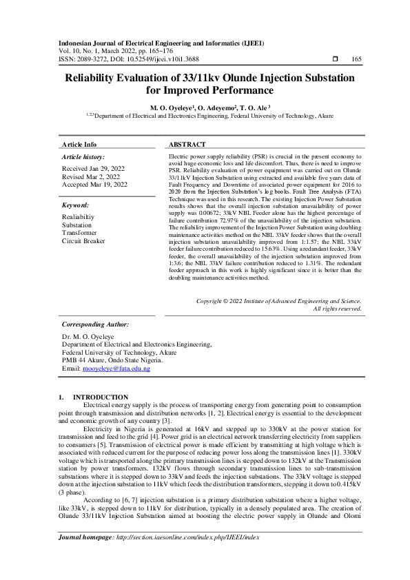 (PDF) Reliability Evaluation of 33/11kV Olunde Injection Substation for Improved Performance