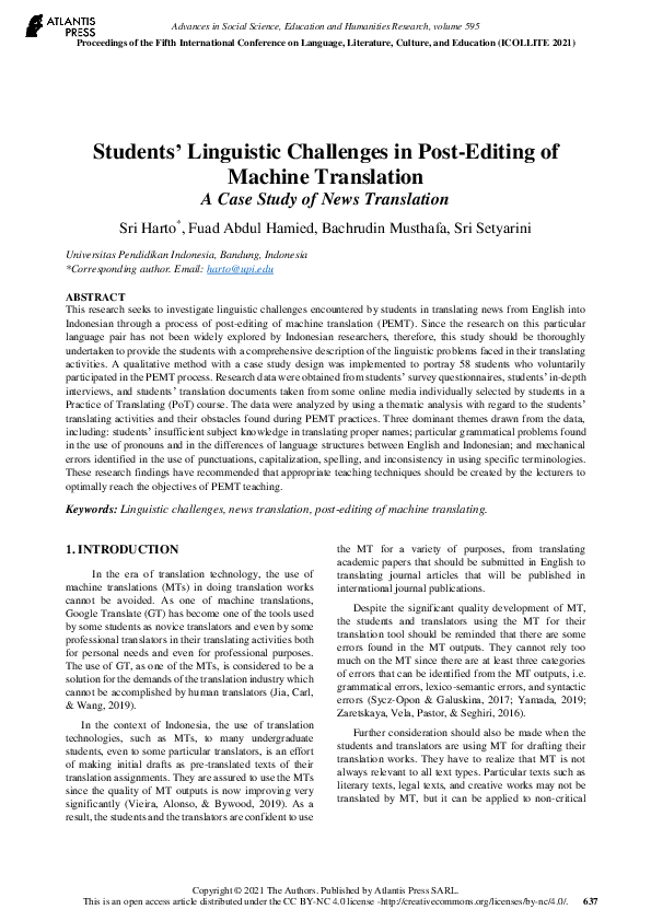 (PDF) Students’ Linguistic Challenges in Post-Editing of Machine ...