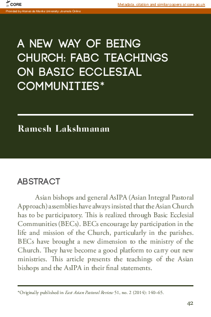 (PDF) A New Way of Being Church: FABC Teachings on Basic Ecclesial Communities