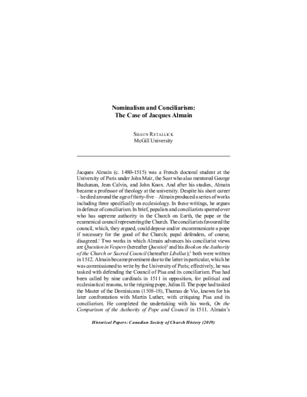 (PDF) Nominalism and Conciliarism: The Case of Jacques Almain