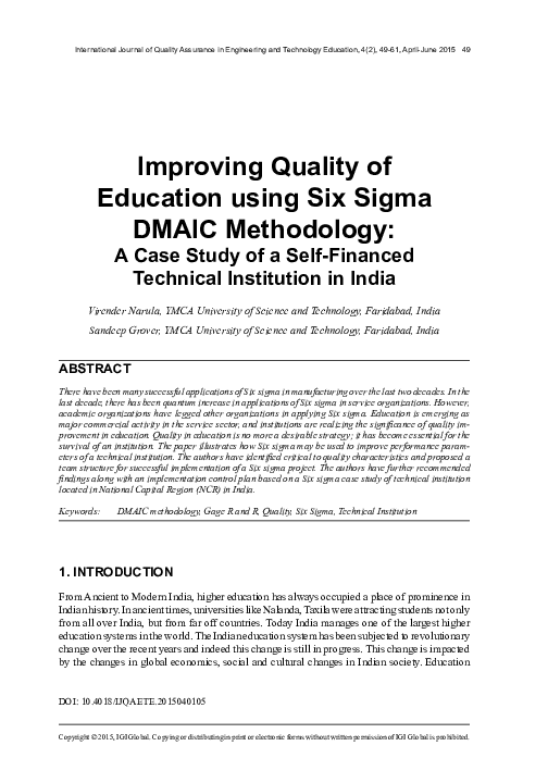 (PDF) Improving Quality of Education using Six Sigma DMAIC Methodology